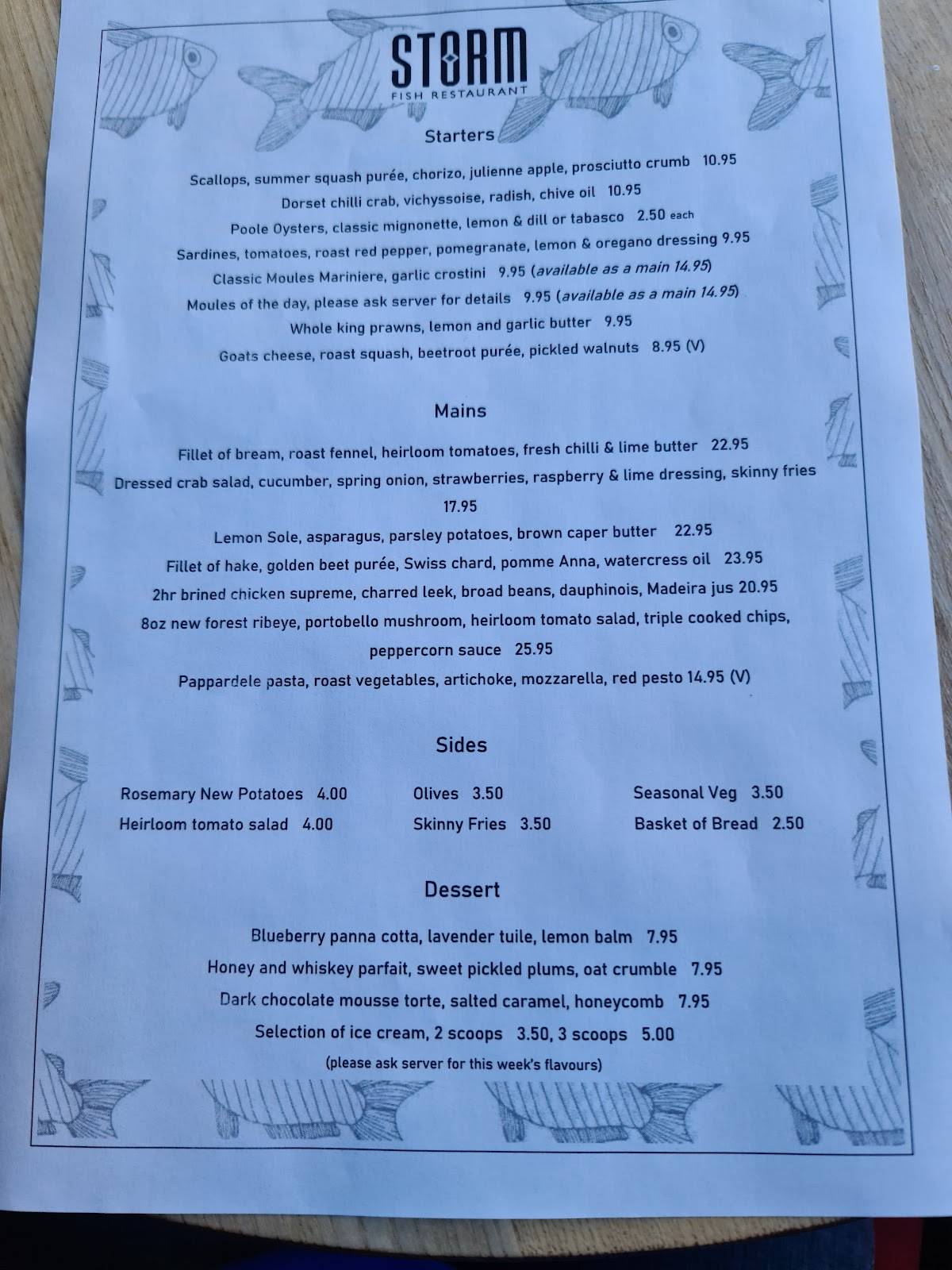 Menu at Storm Fish restaurant, Poole