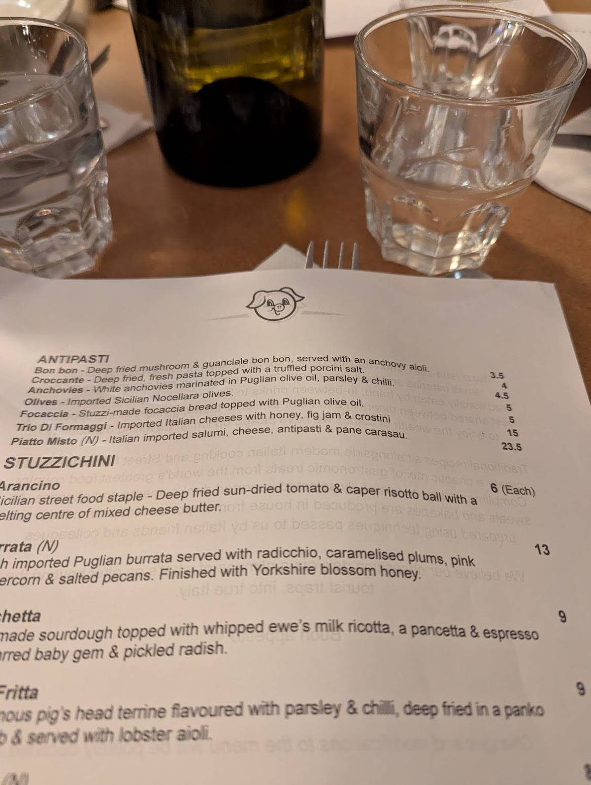 Menu at Stuzzi restaurant, Harrogate