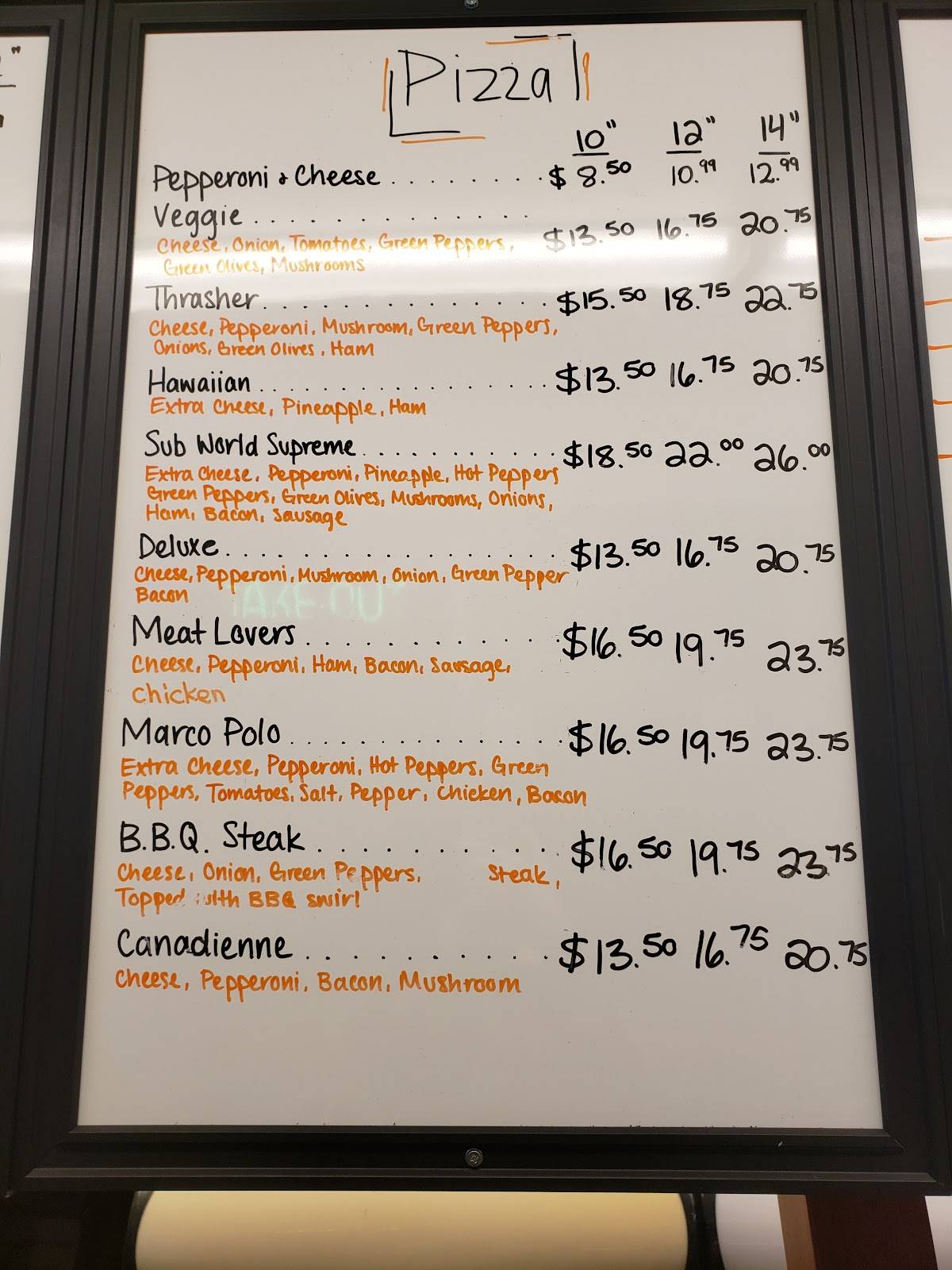 Menu at Sub World pizzeria, Sudbury