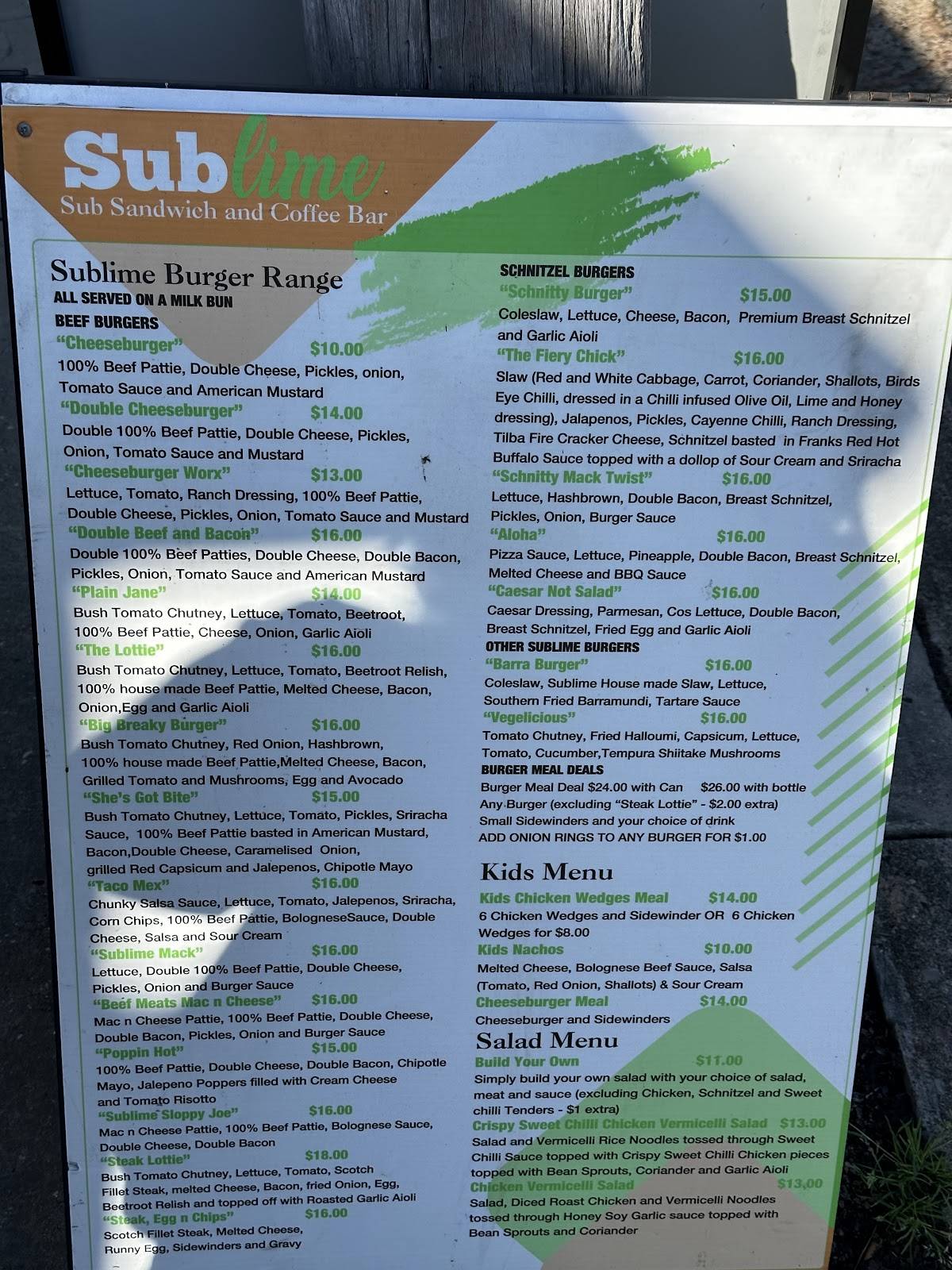 Menu at Sublime Narooma cafe, Narooma
