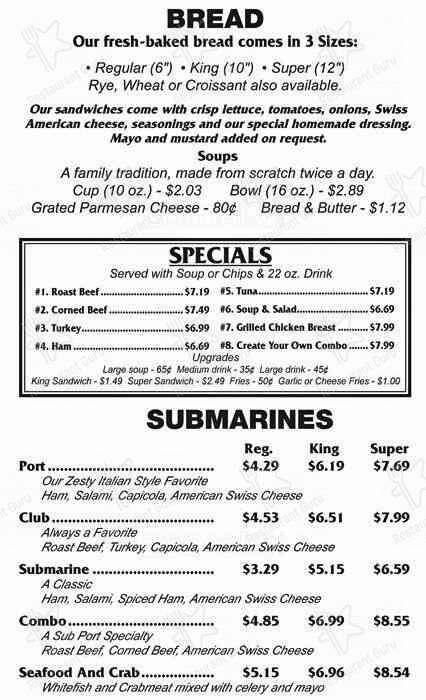 Menu at Submarine Port fast food, South Holland, 617 E 162nd St