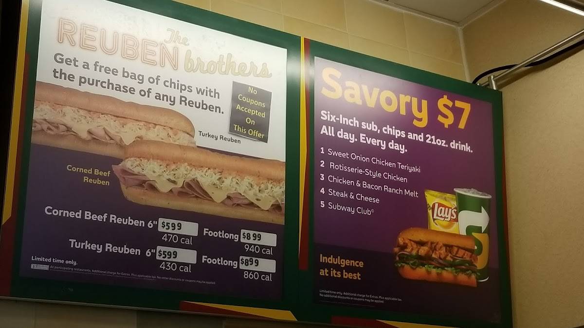 Menu at Subway fast food, Frisco, Dallas North Tollway