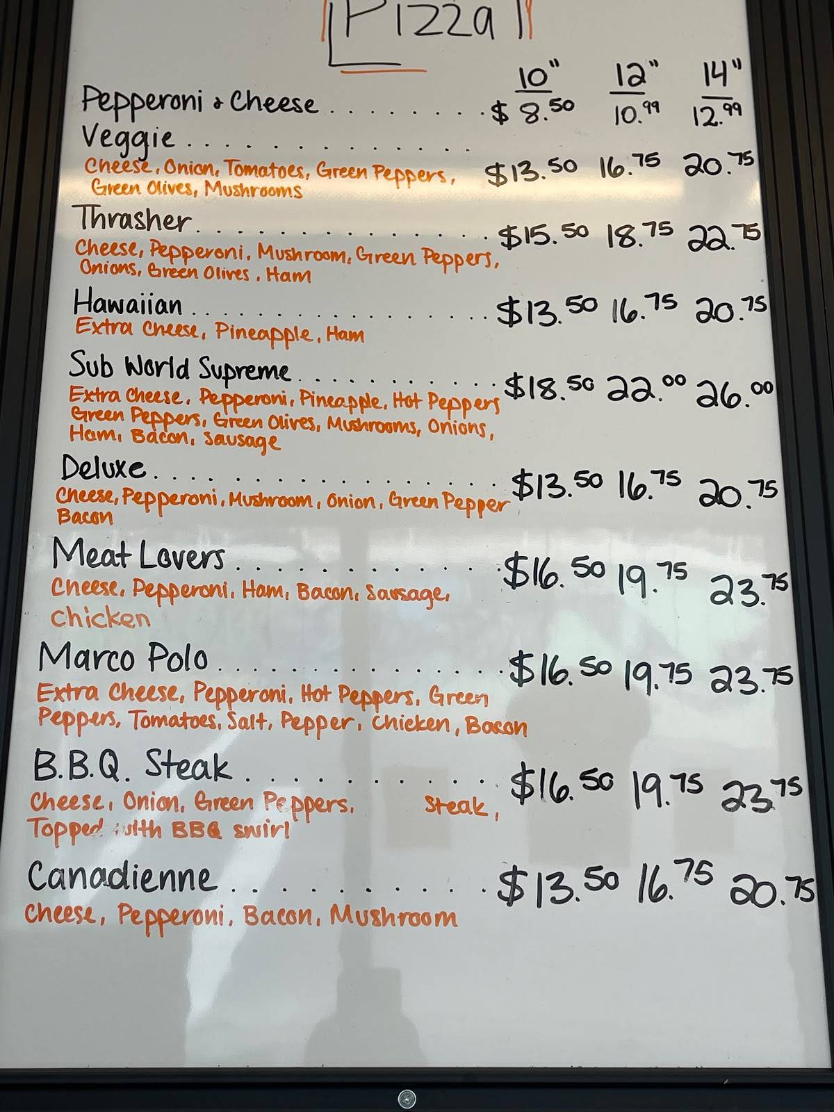 Menu at Sub World pizzeria, Sudbury