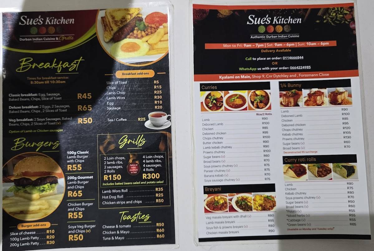 Menu at Sue's Kitchen Kyalami restaurant, Randburg, Shop 09