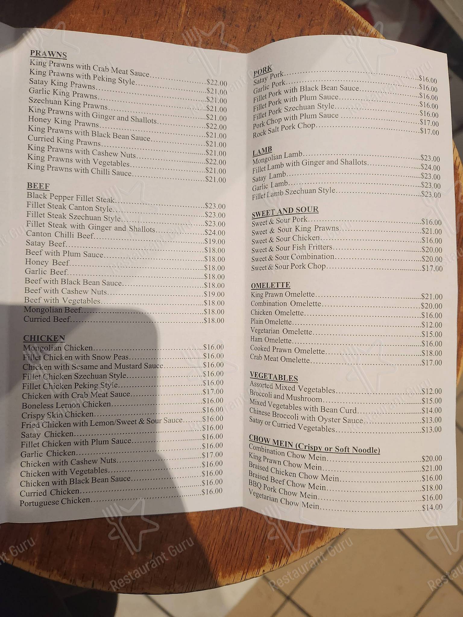 Menu at Sue's Kitchen restaurant, Scullin