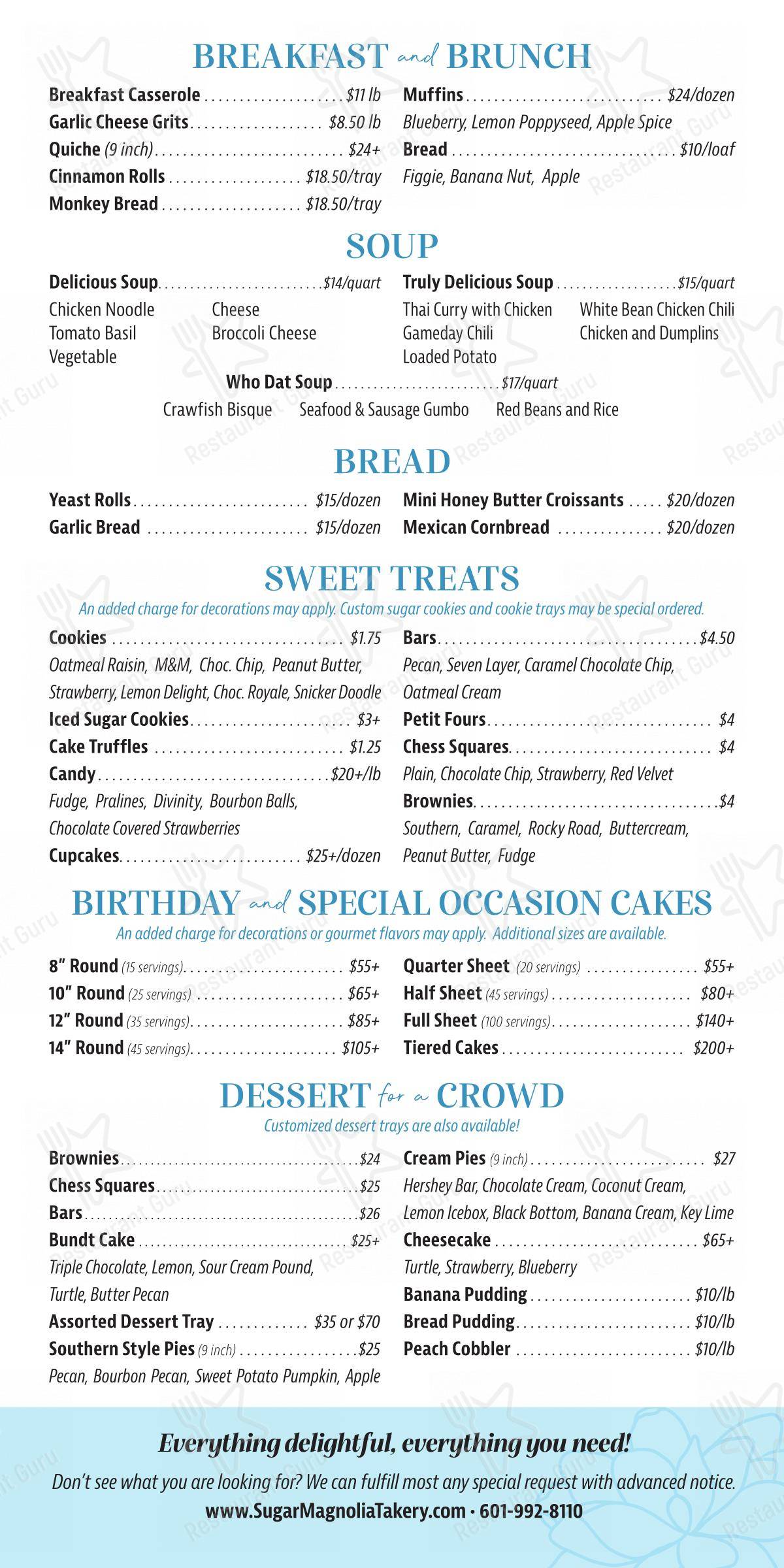 Menu at Sugar Magnolia Takery restaurant, Flowood, MS-25