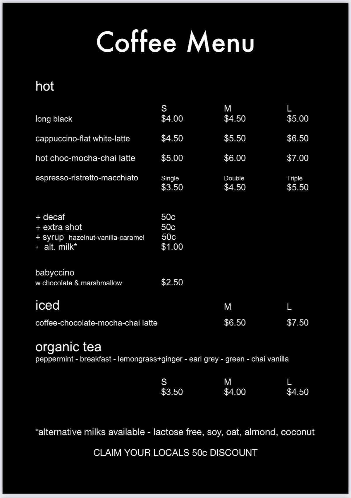 Menu at Sugar Shack Cafe, Mossman