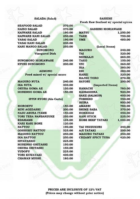 Menu at Sugi restaurant, Makati, Greenbelt 2 Esperanza St