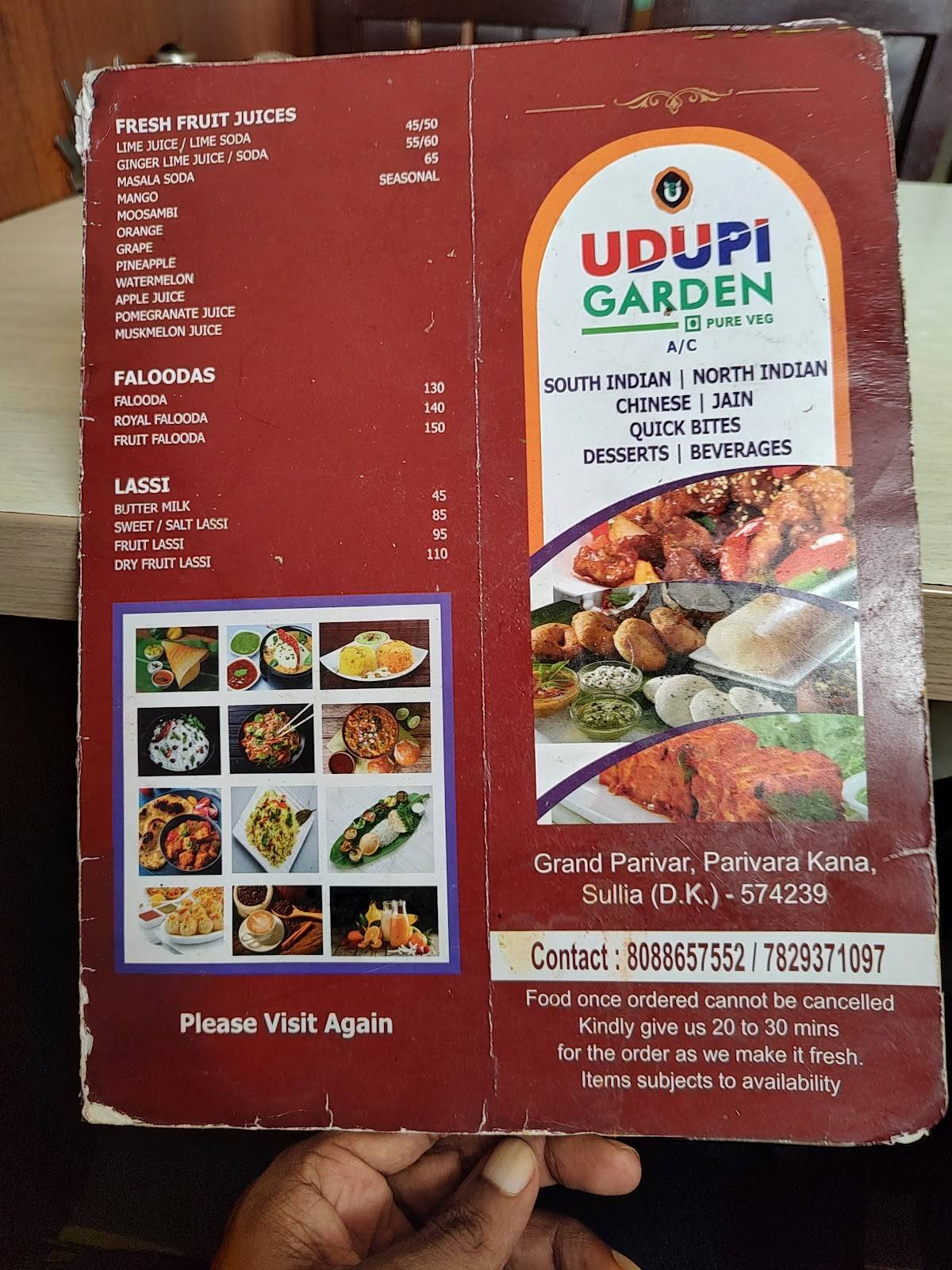 Menu at Udupi Garden, Sullia