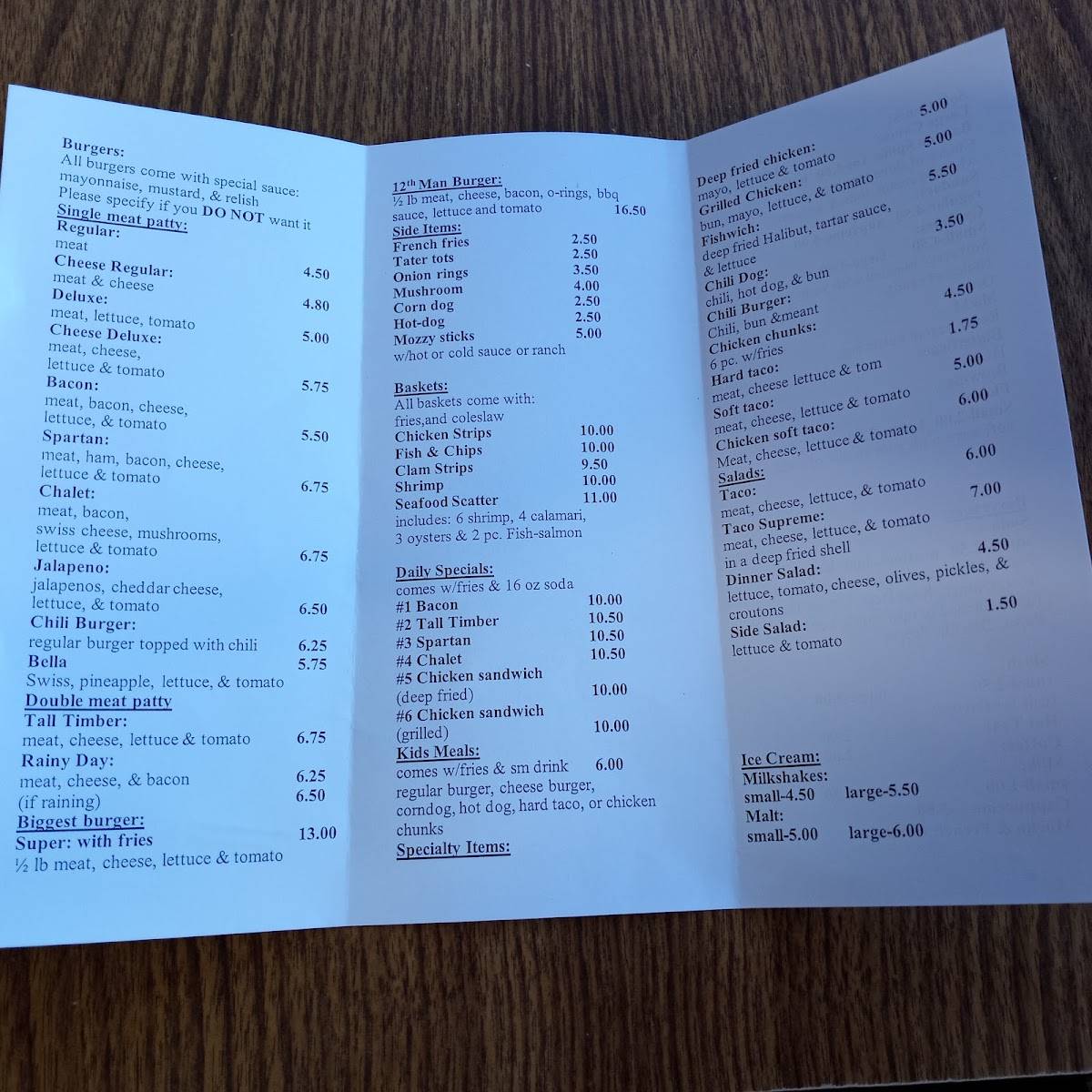 Menu at Sully's Drive-In fast food, Forks