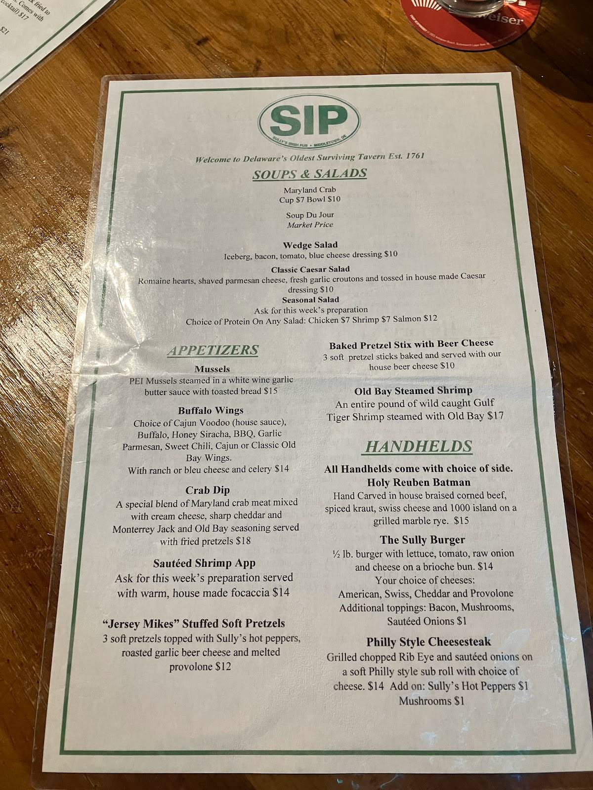 Menu at Sully's Irish Pub, Middletown