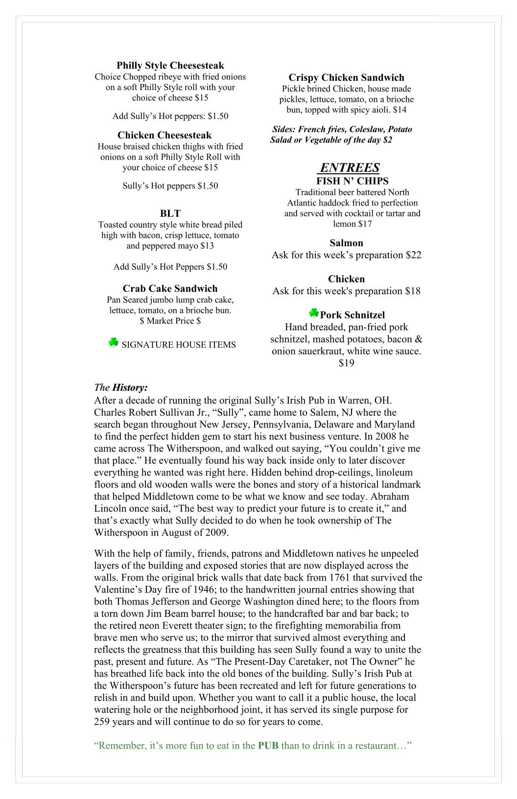 Menu at Sully's Irish Pub, Middletown