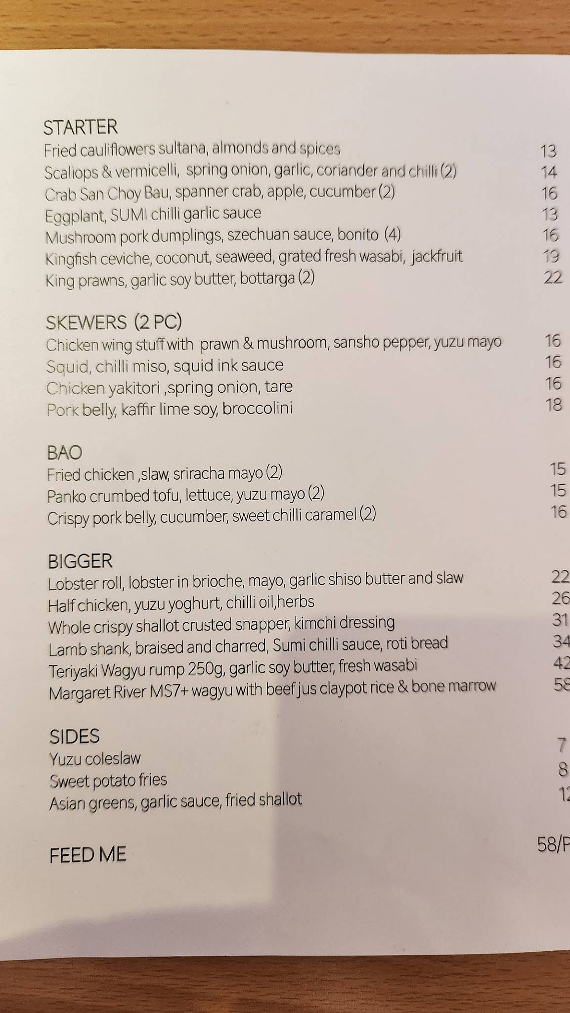 Menu at Sumi restaurant, Geelong