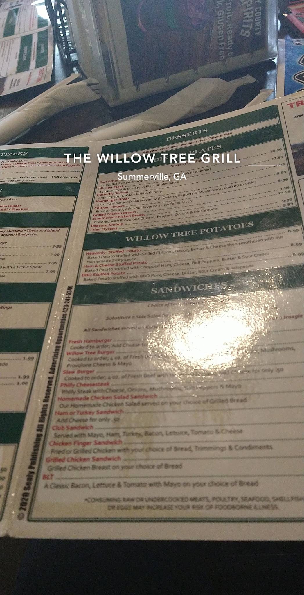 Menu at The Willow Tree Grill restaurant, Summerville