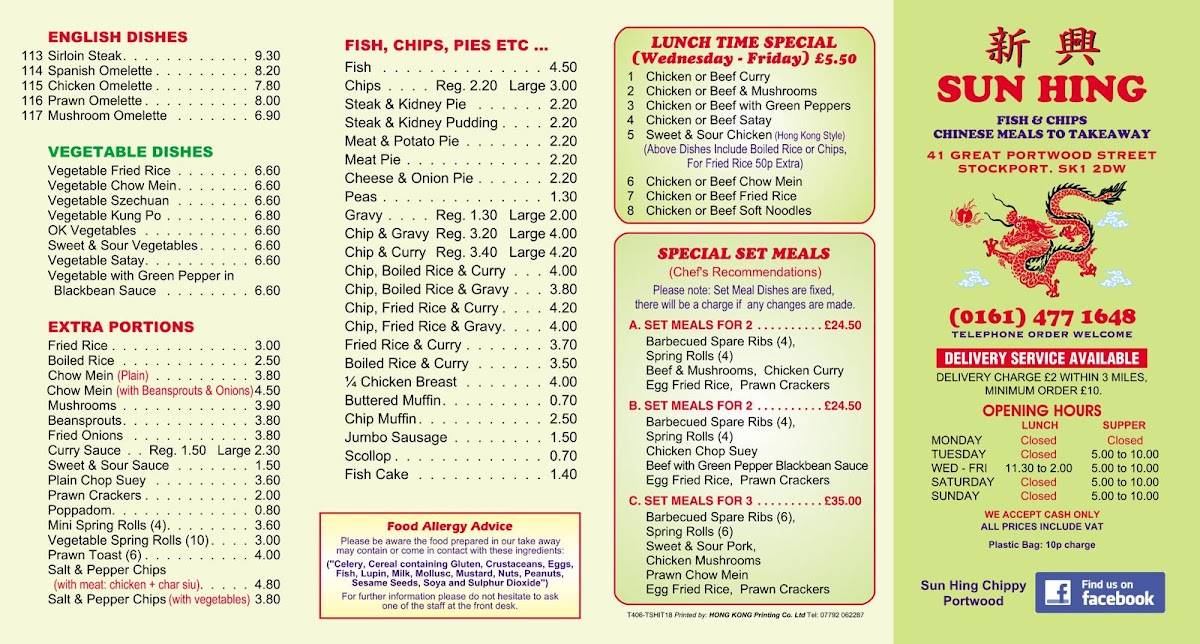 Menu at Sun Hing fast food, Stockport