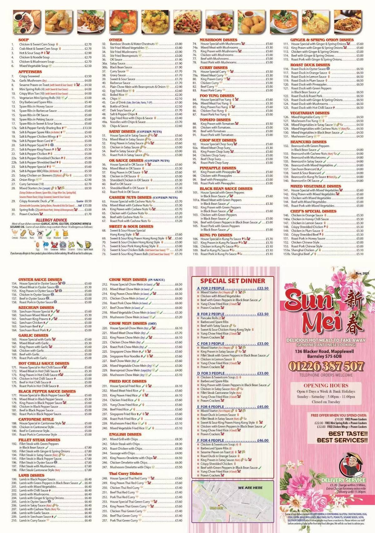 Menu at Sun Mei restaurant, Barnsley