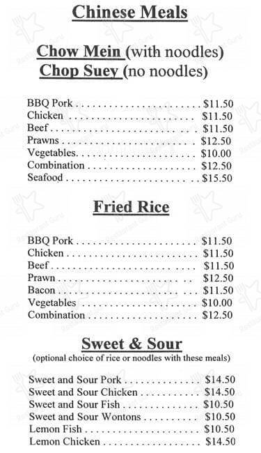 Menu at Sunlong Takeaways fast food, Waikanae