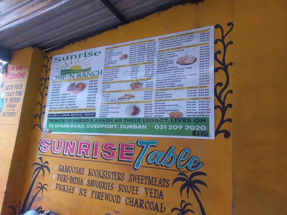 Menu at Sunrise Chip N Ranch, Overport, Durban restaurant, Durban, 93 ...