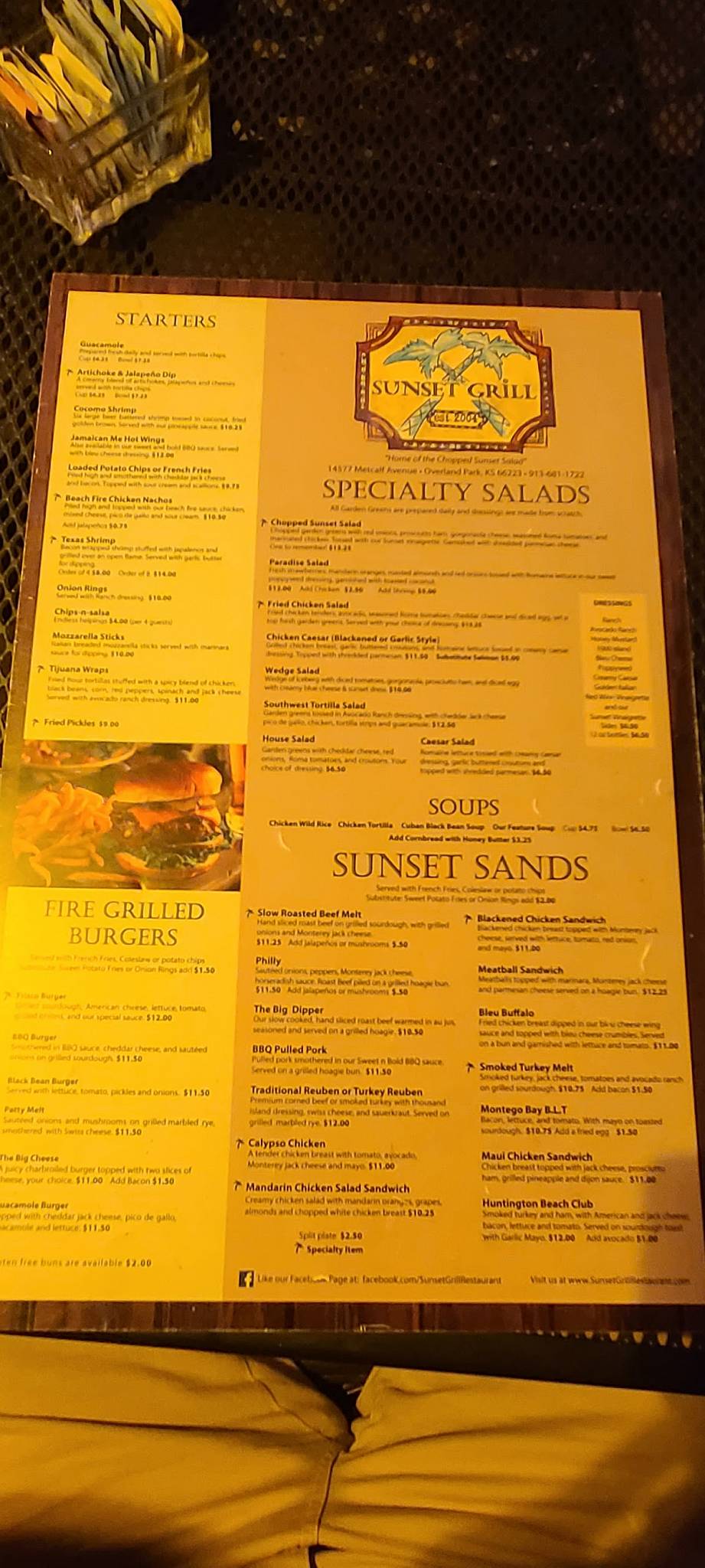 Menu at Sunset Grill pub & bar, Overland Park