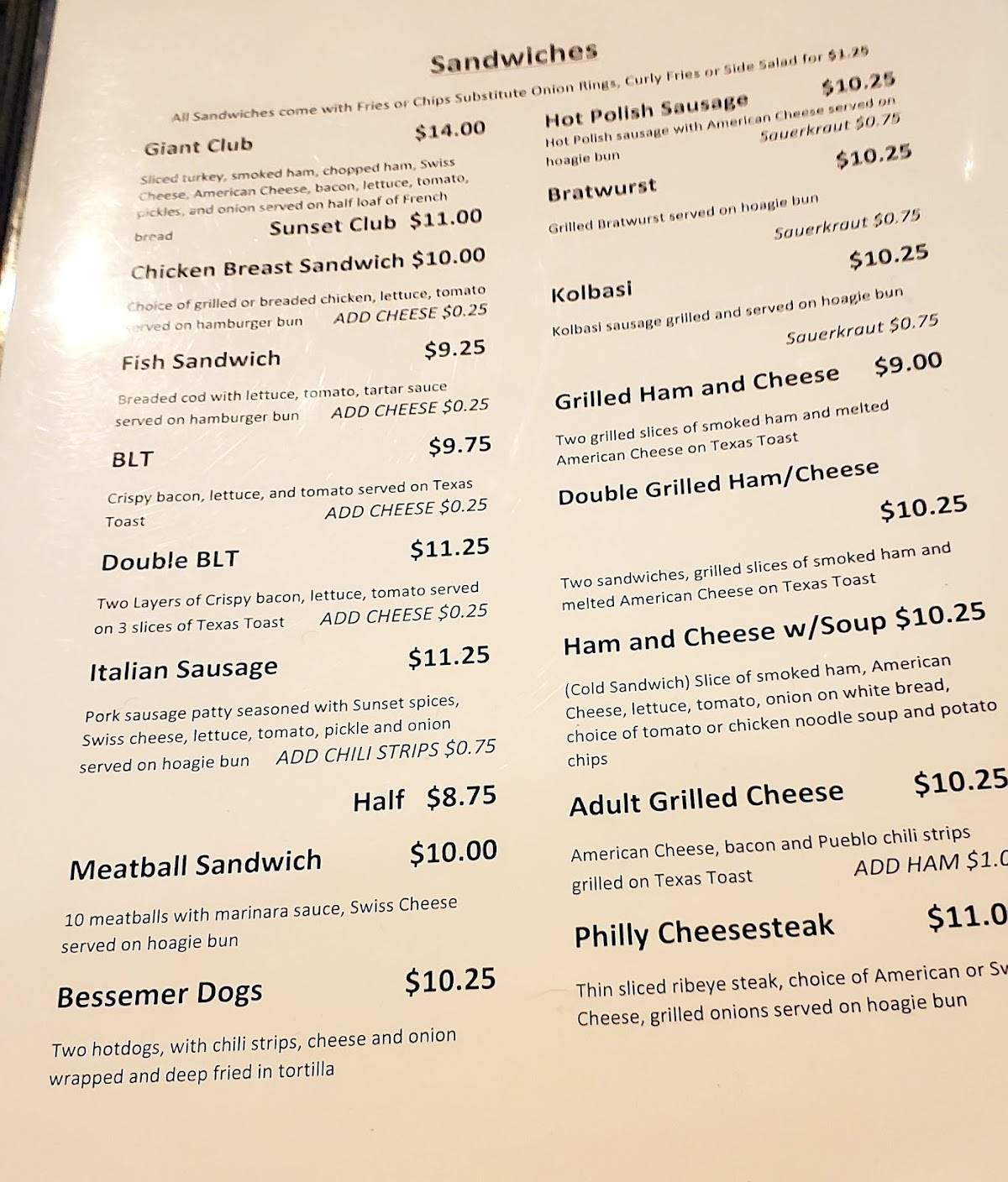 Menu at The Sunset Inn Bar and Grill, Pueblo
