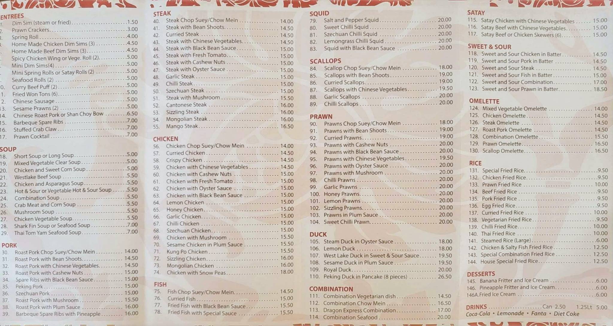 Menu at Dragon Express restaurant, Sunshine