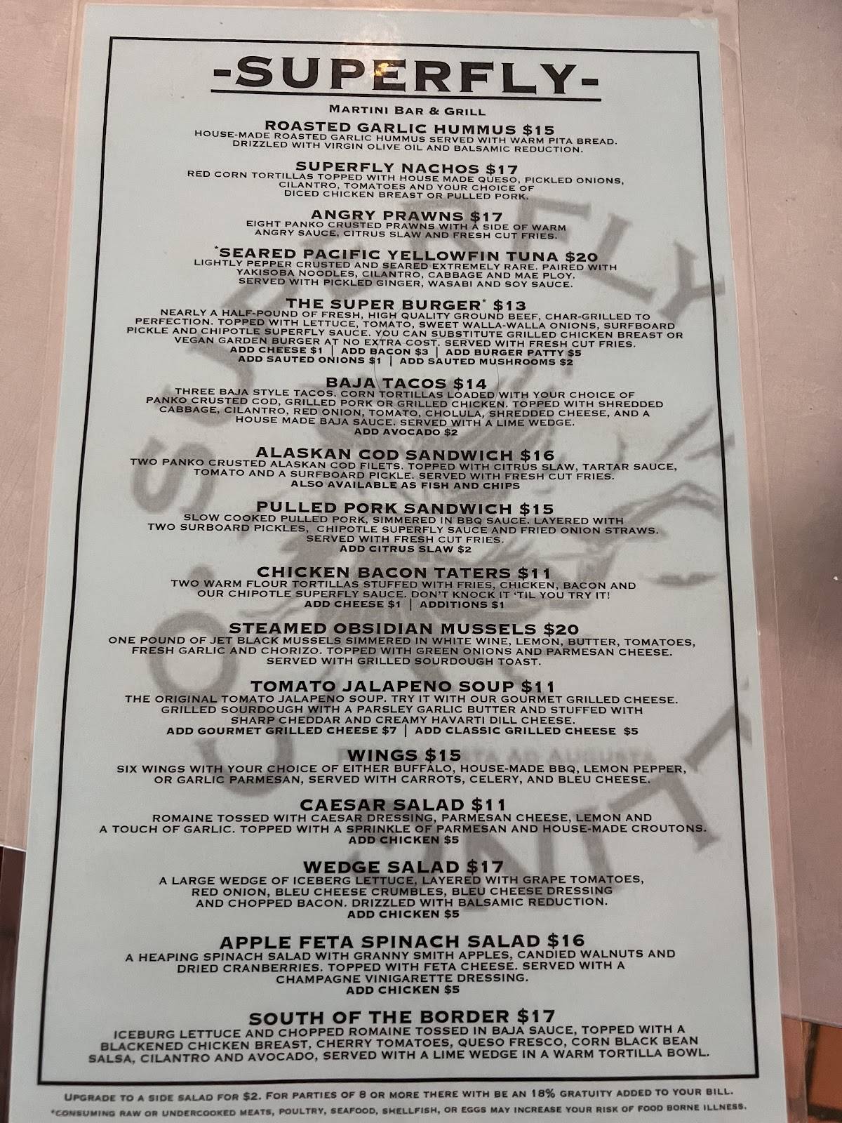 Menu at Superfly Martini Bar & Grill, Brookings