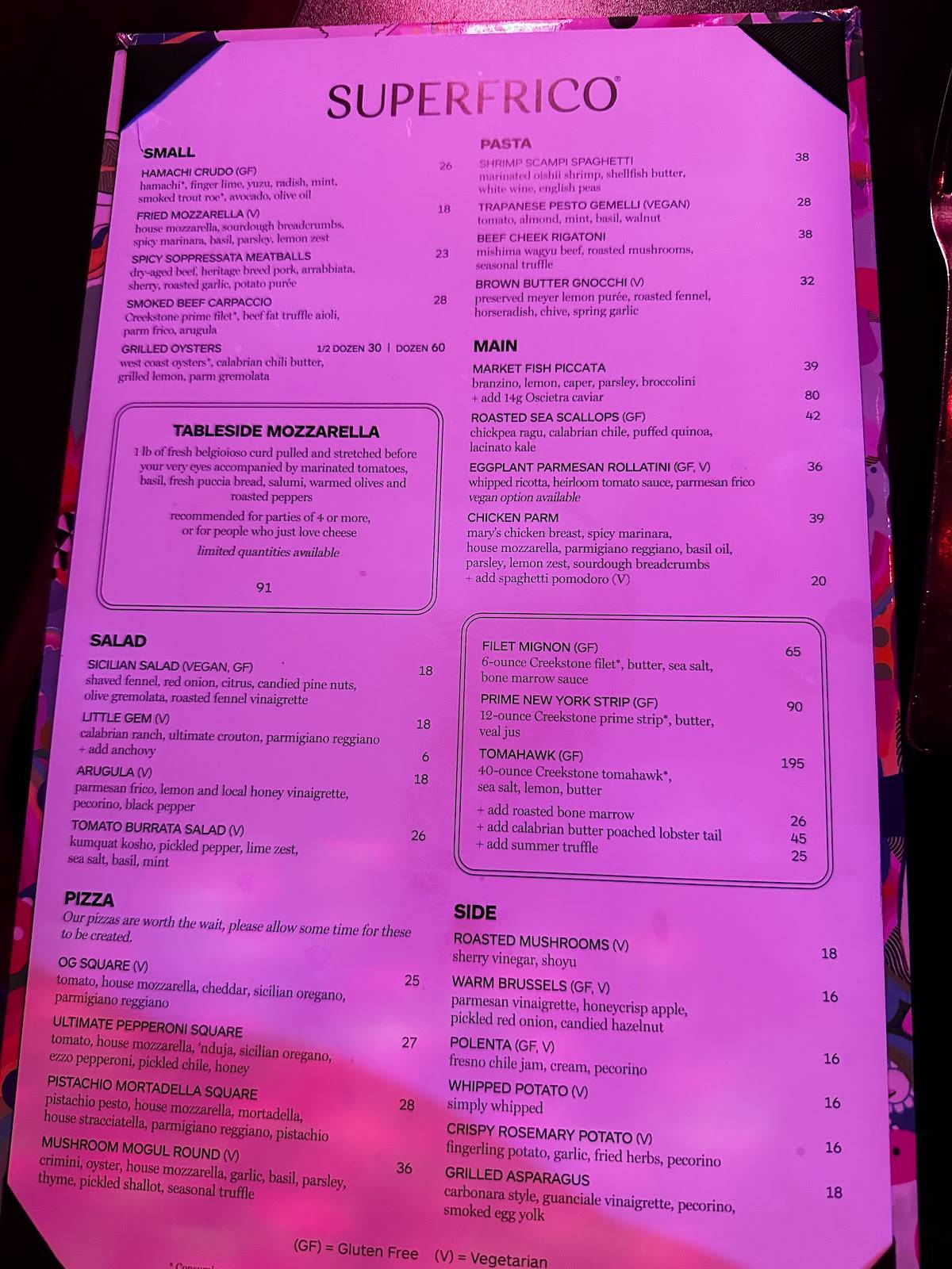 Menu at Superfrico pub & bar, Las Vegas