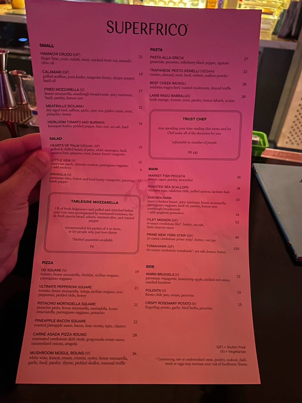 Menu at Superfrico pub & bar, Las Vegas