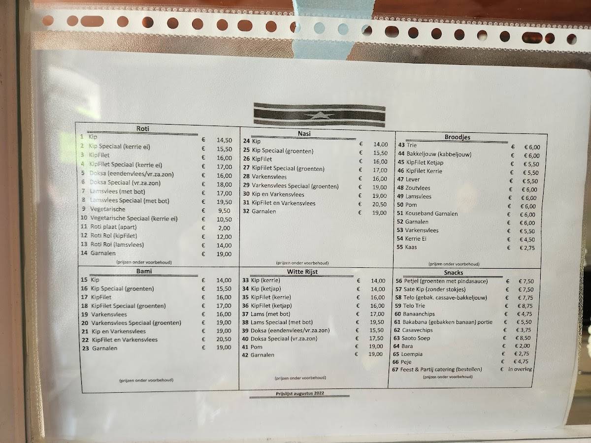 Menu at Surinaams broodjeszaak Sranang Switie's, Eindhoven