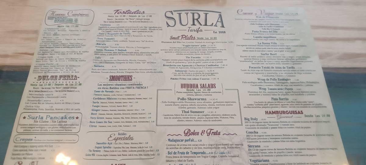 Carta del restaurante Surla, Tarifa