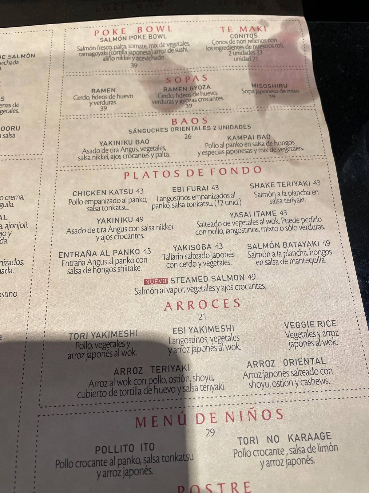 Carta del restaurante Sushi Ito, Lima