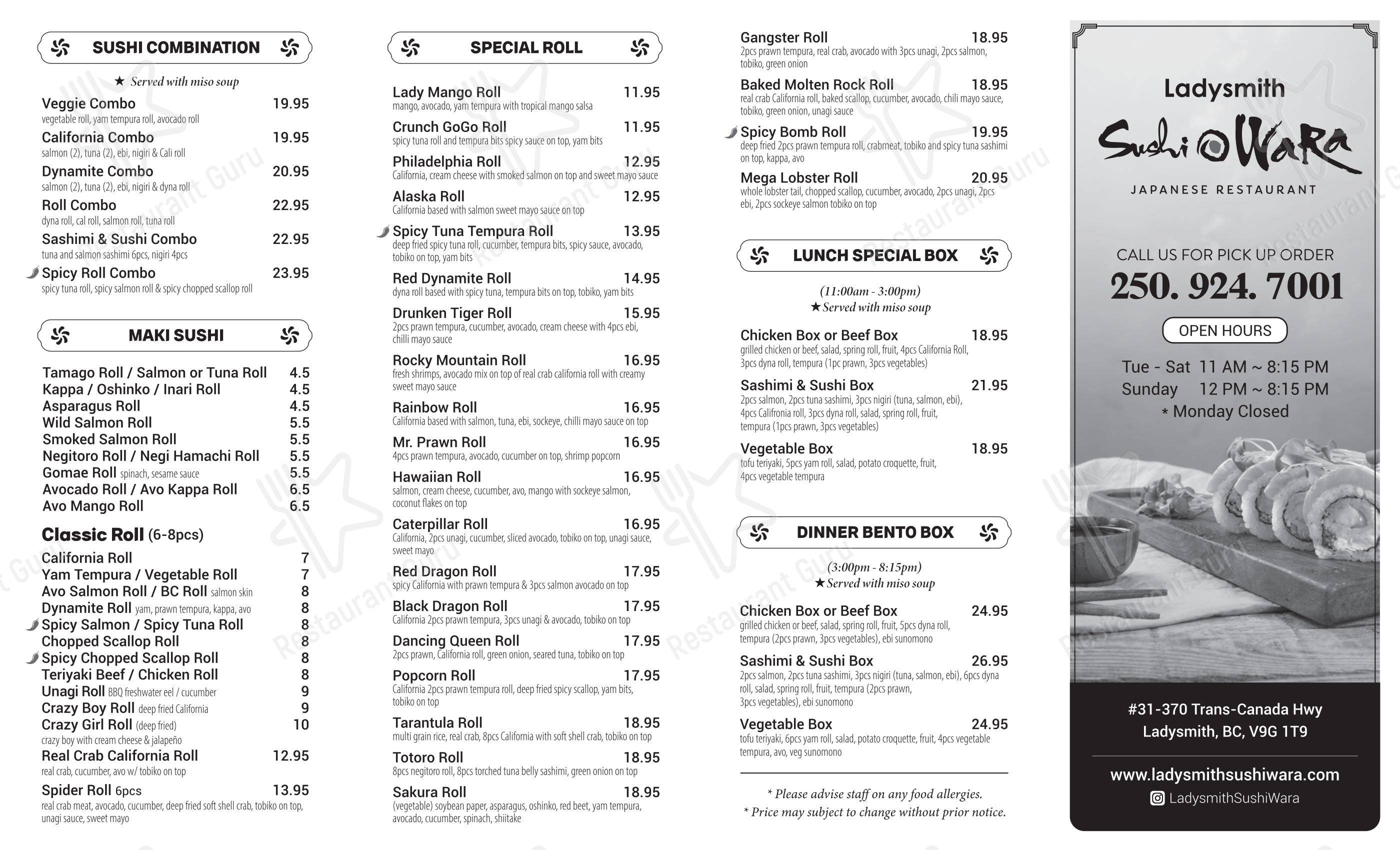 Menu at Sushi Wara restaurant, Ladysmith