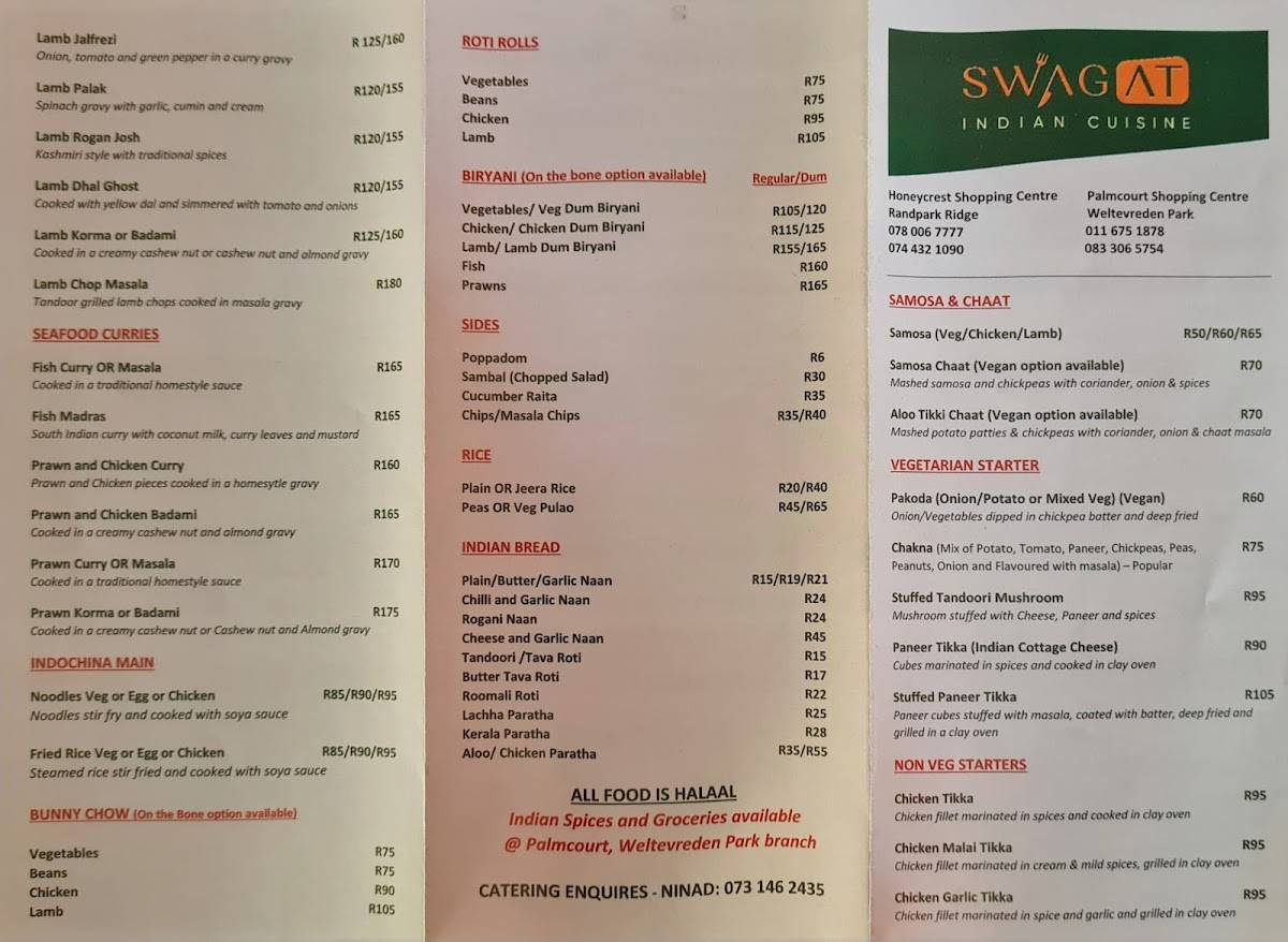 Menu at Swagat @ Honeycrest restaurant, Johannesburg, HONEY CREST ...
