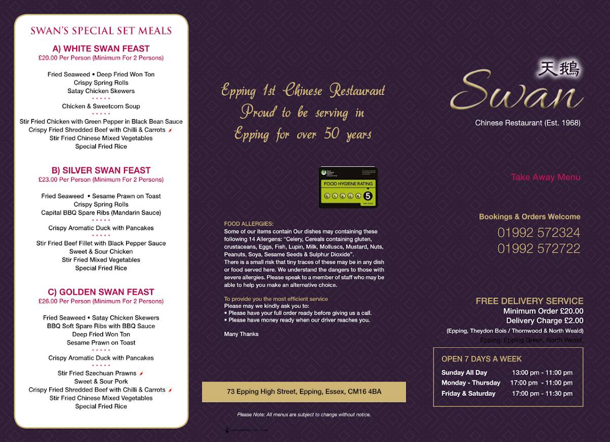 Menu at Swan Chinese Restaurant Epping, Epping, 73 High St