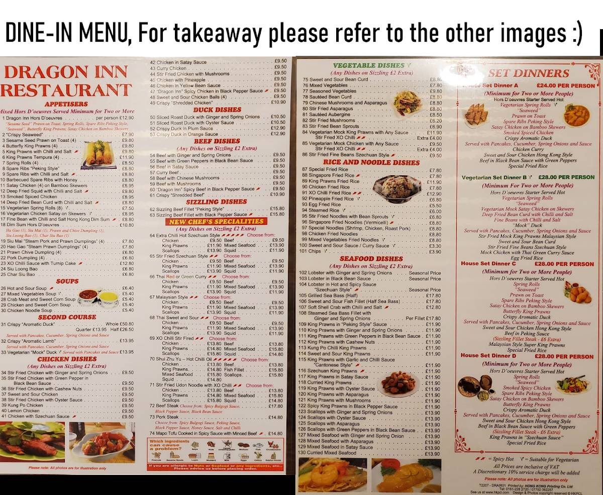 Menu at Dragon Inn Chinese Restaurant, Swanage