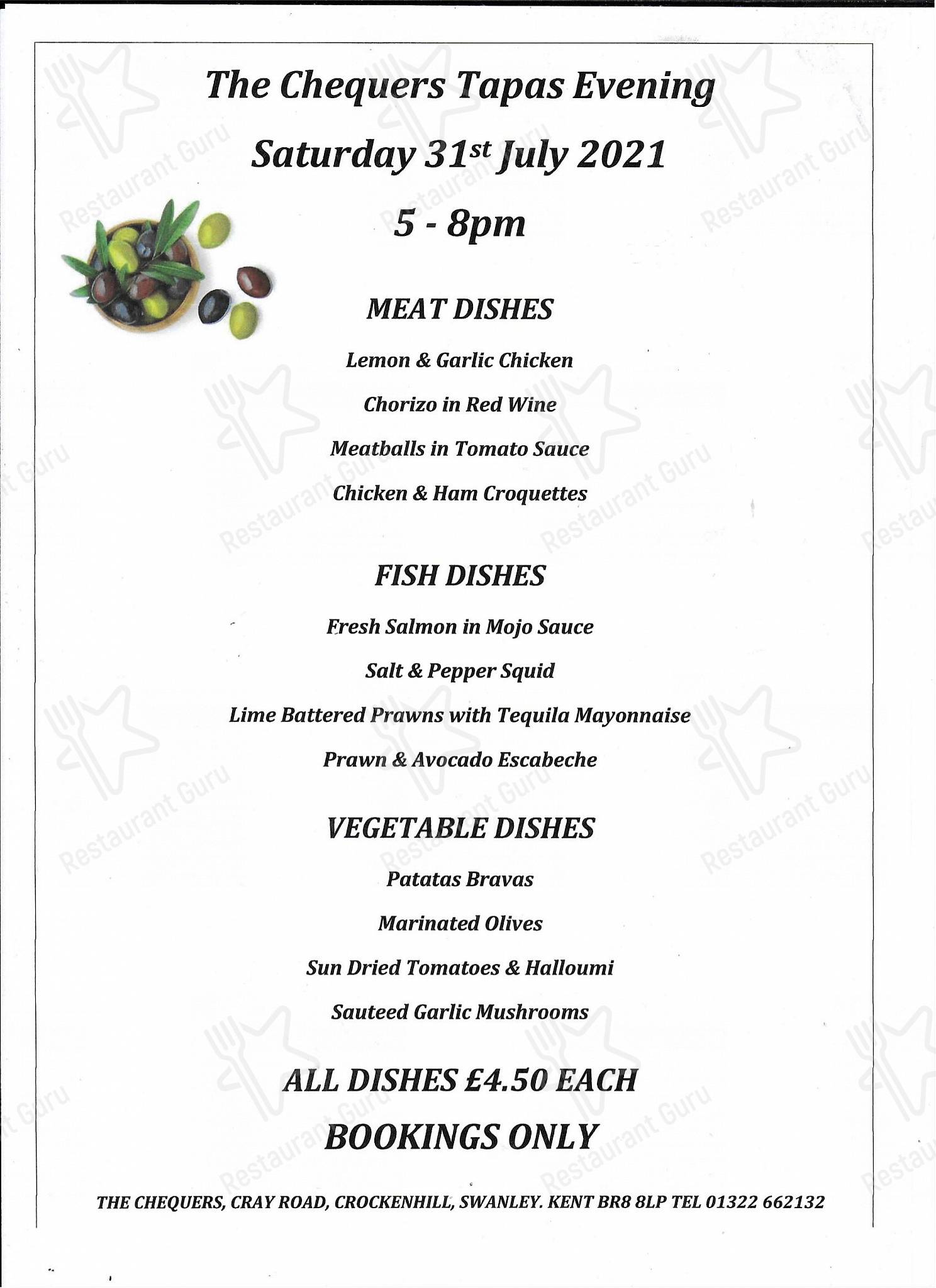 Menu at The Chequers pub & bar, Swanley, Cray Rd