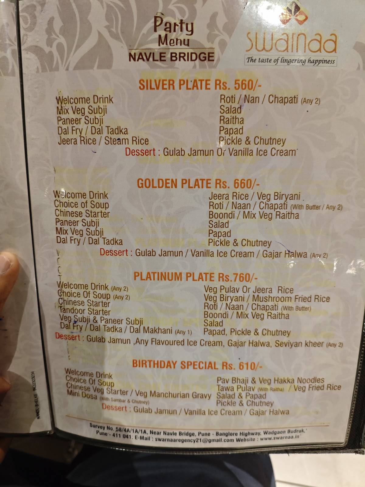Menu at Swarnaa Vegetarian - Navle Bridge, Pune