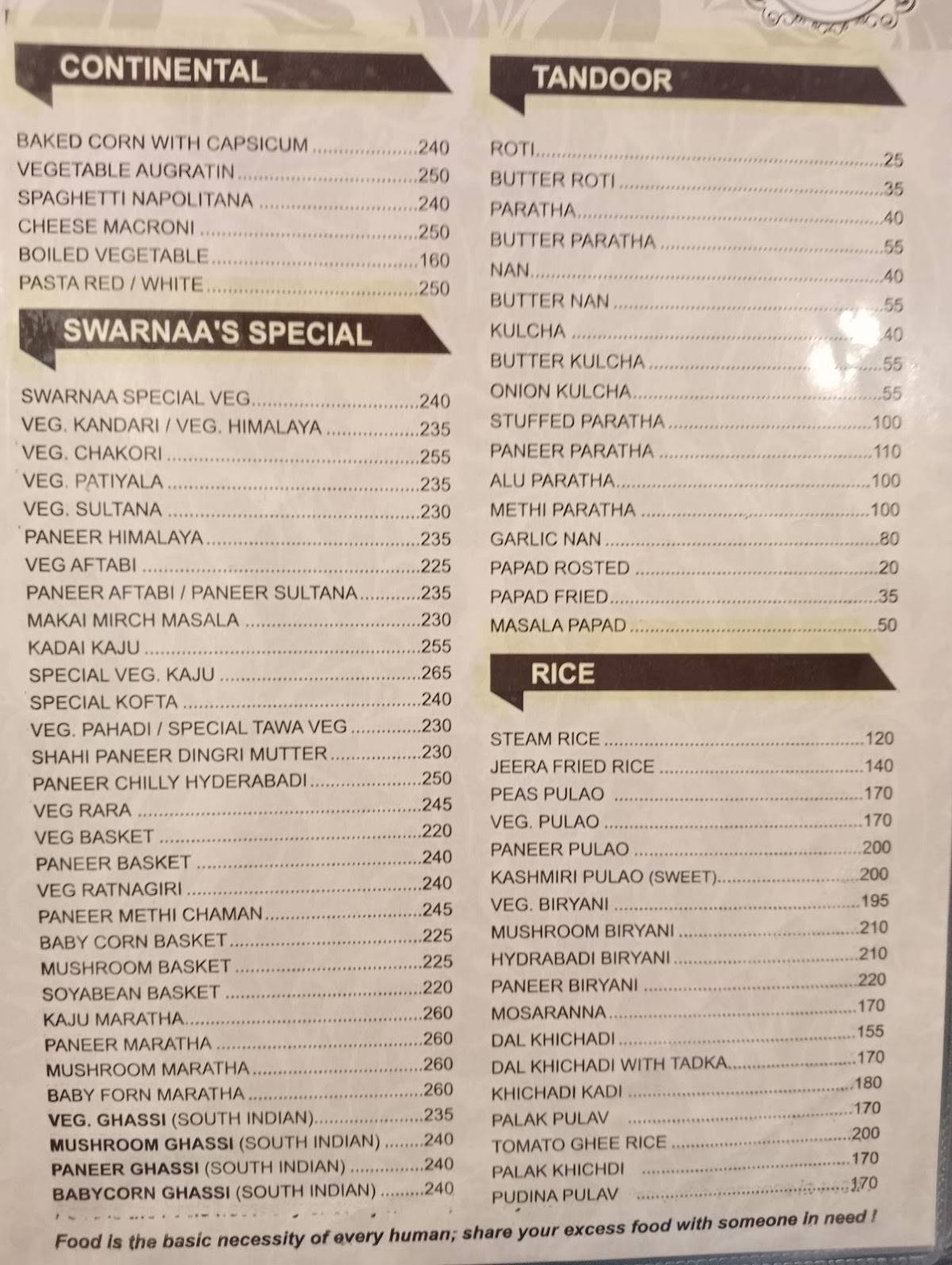 Menu at Swarnaa Vegetarian, Pune