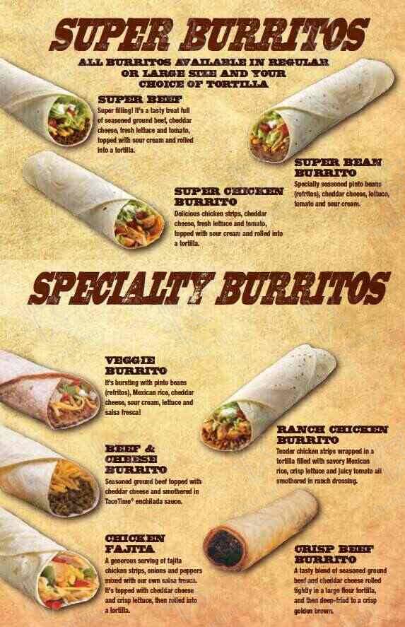Menu at Taco Time fast food, Swift Current, 5-1150 Central Ave N