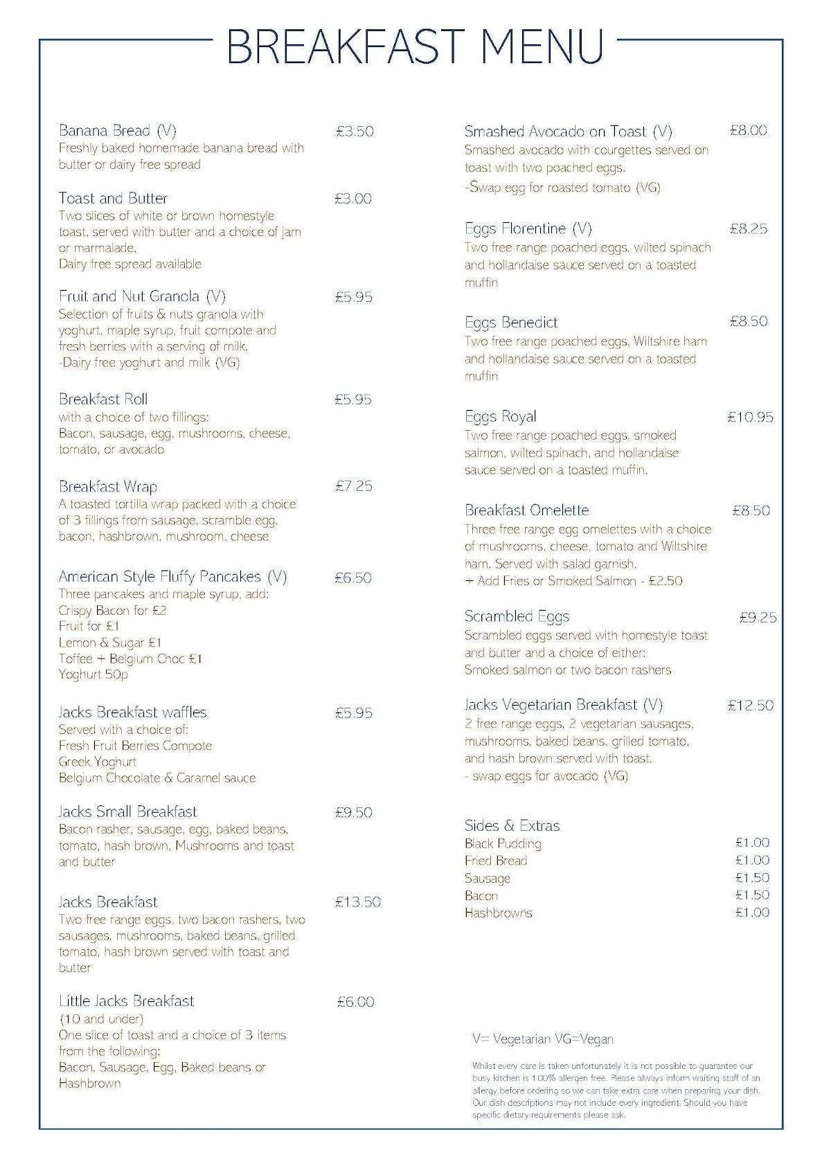 Menu at Jack's pub & bar, Swindon