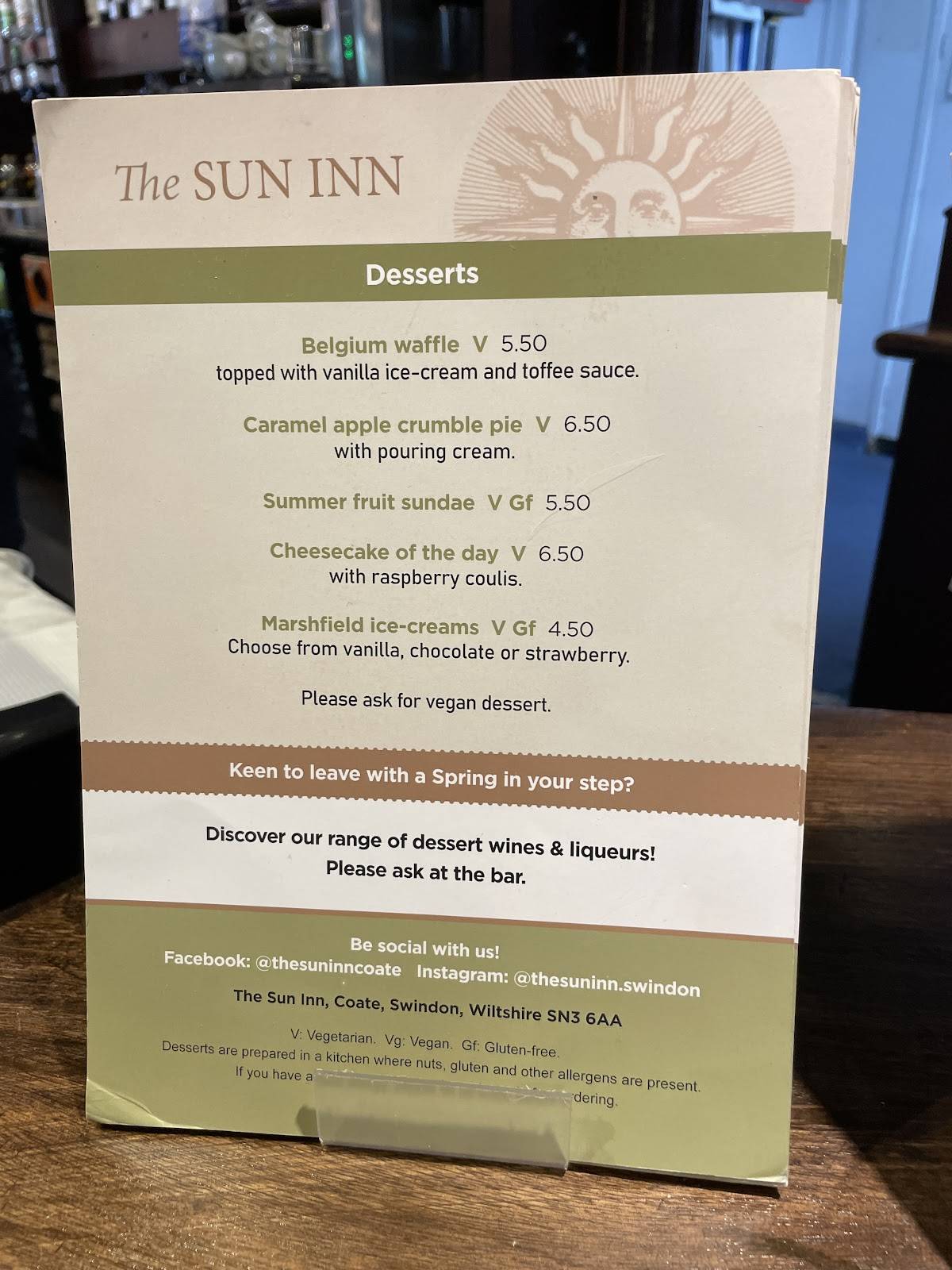 Menu at The Sun Inn pub & bar, Swindon, Marlborough Rd
