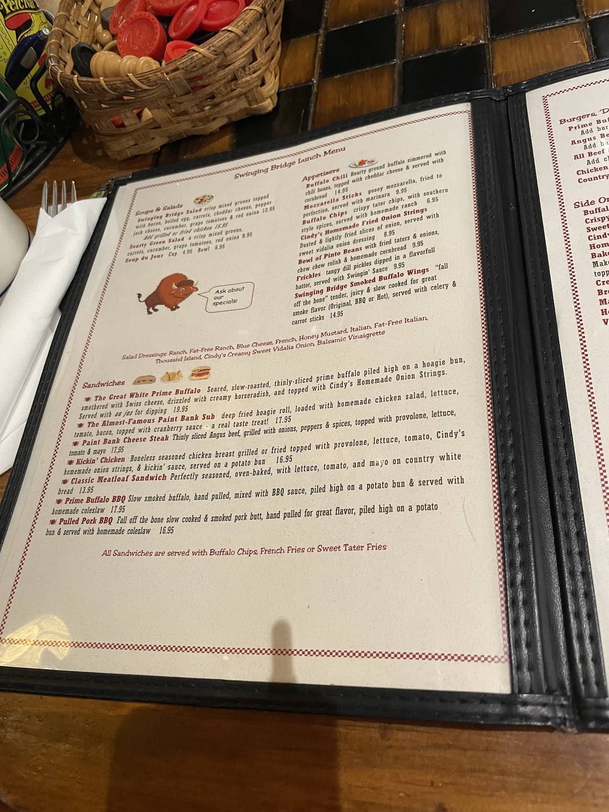 Menu at Swinging Bridge restaurant, Paint Bank