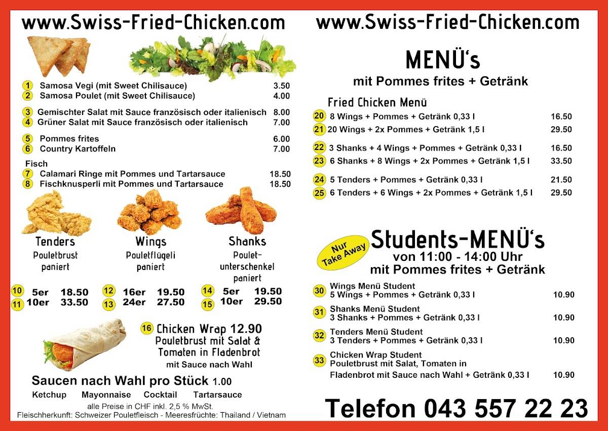 Menu da Swiss Fried Chicken, Zurigo