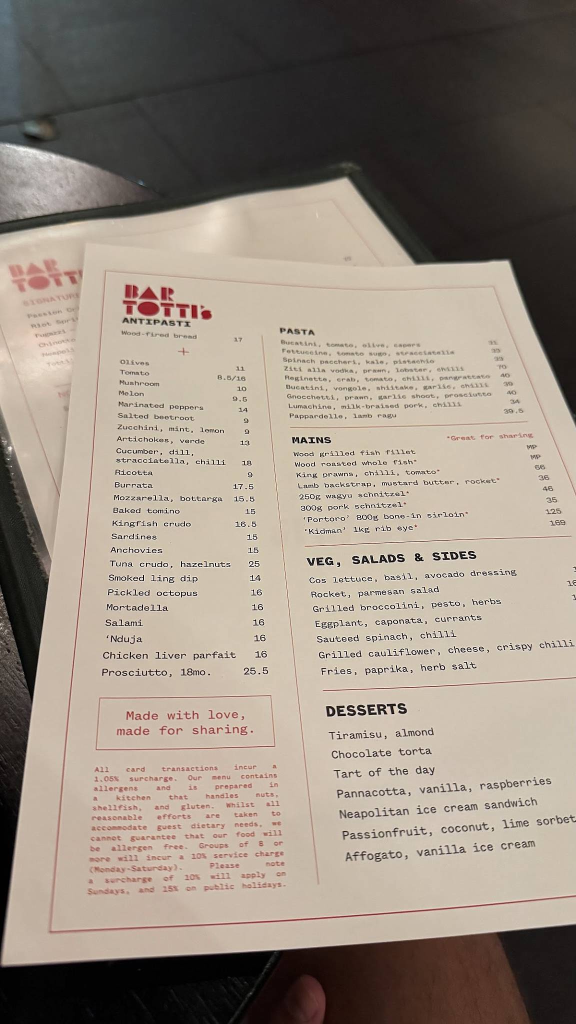 Menu at Bar Totti's, Sydney