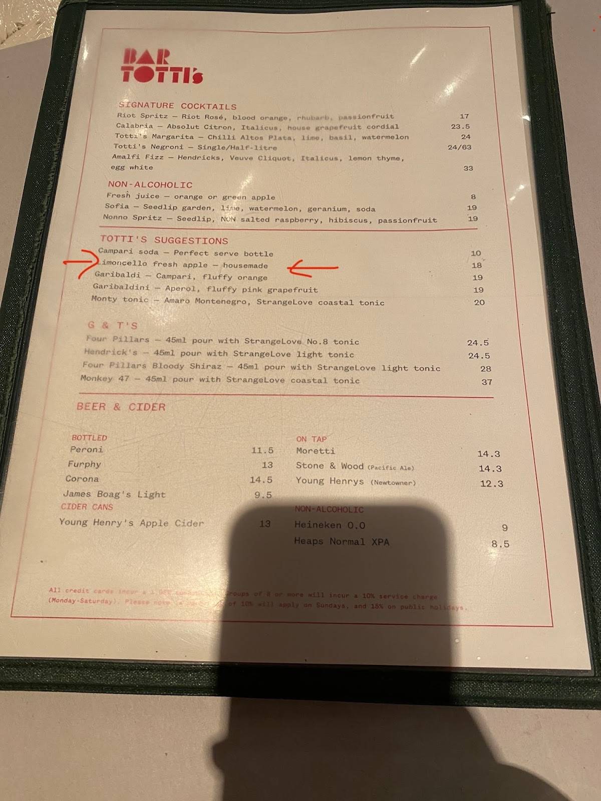 Menu at Bar Totti's, Sydney
