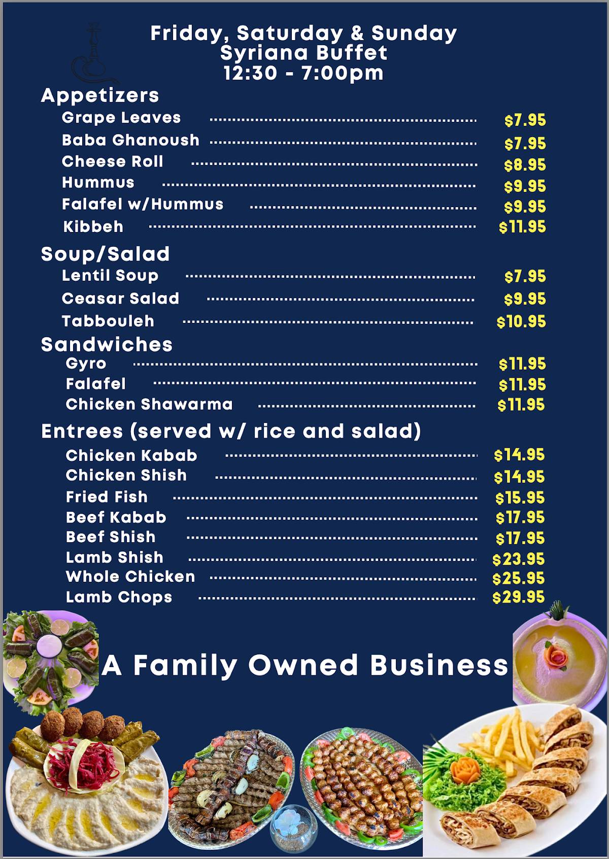 Menu at Syriana Grill restaurant, Jacksonville