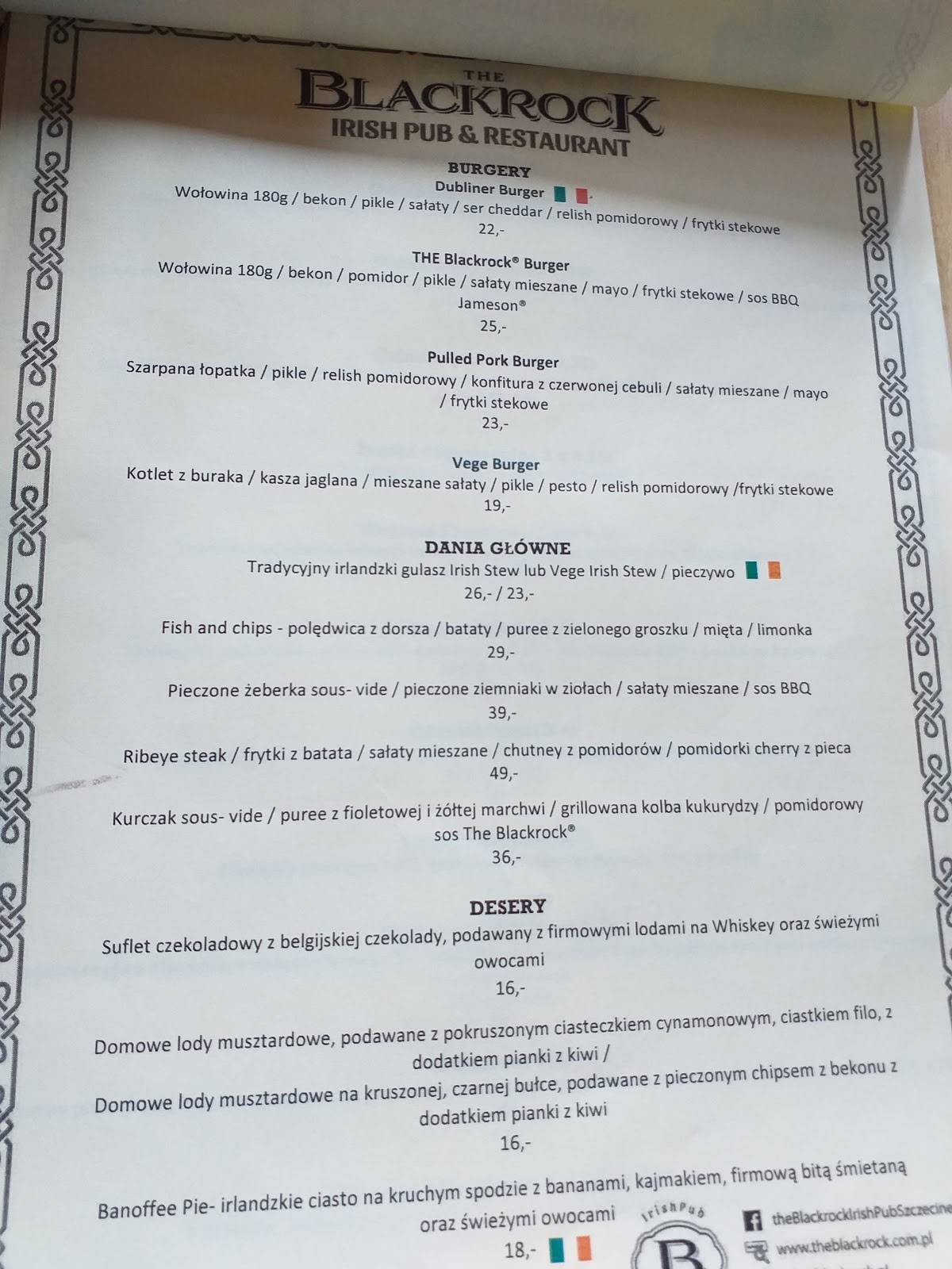 Menu at The Blackrock Irish Pub, Szczecinek