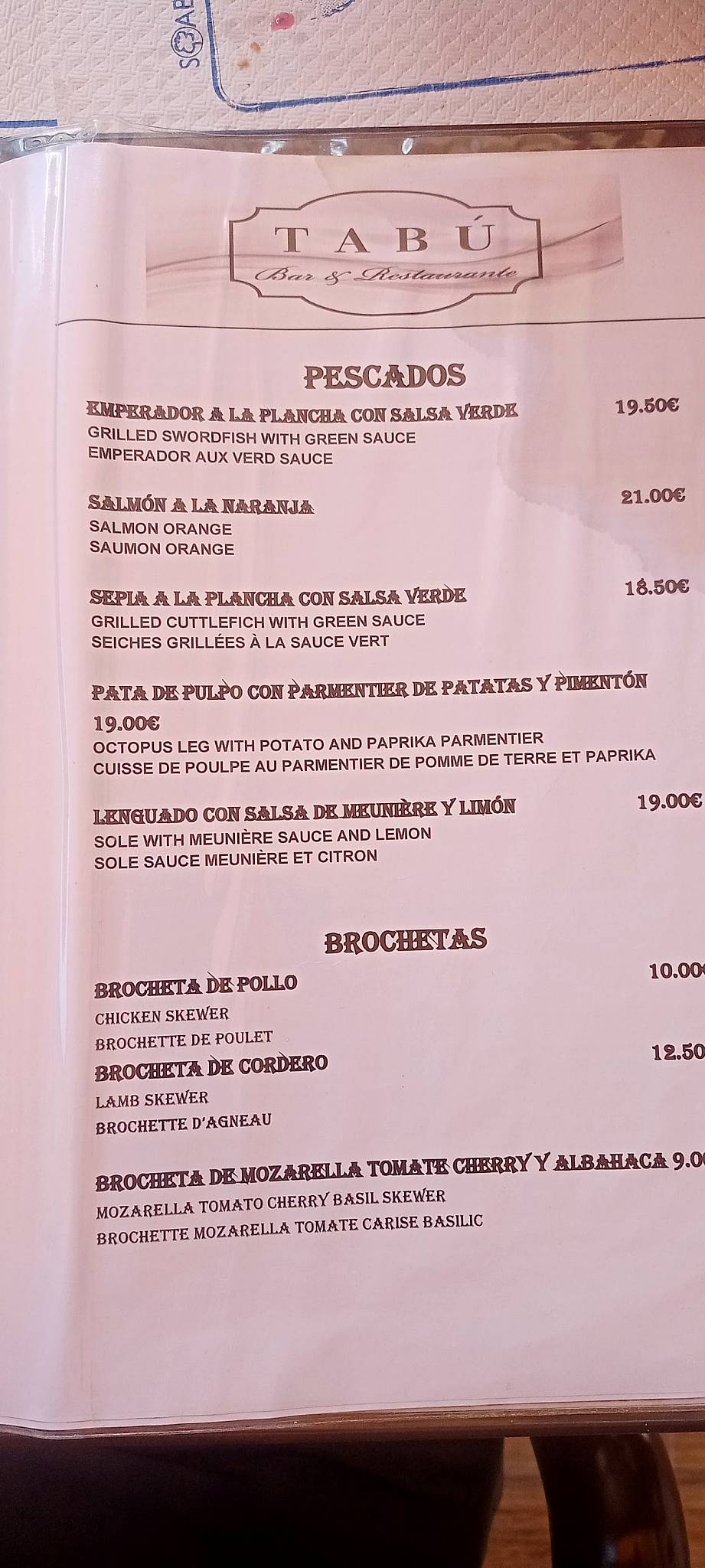Carta de RESTAURANTE TABÚ, Alcocéber