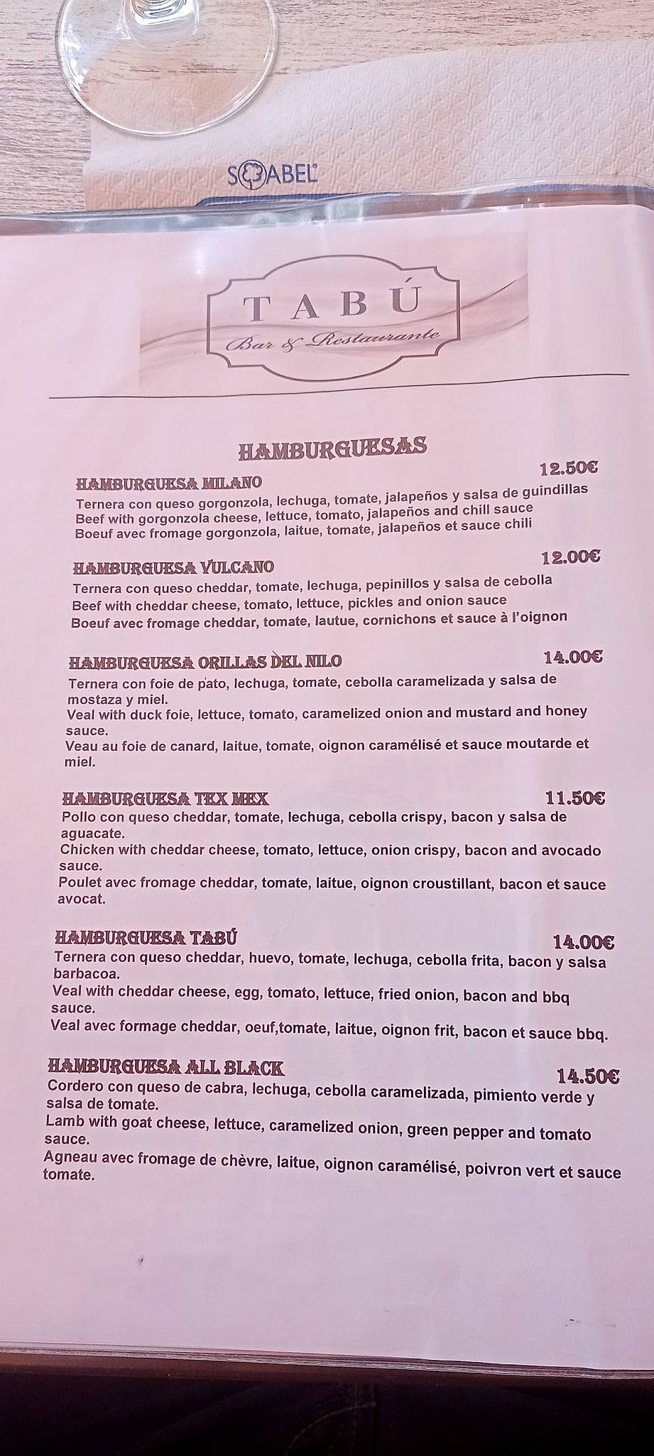 Carta de RESTAURANTE TABÚ, Alcocéber