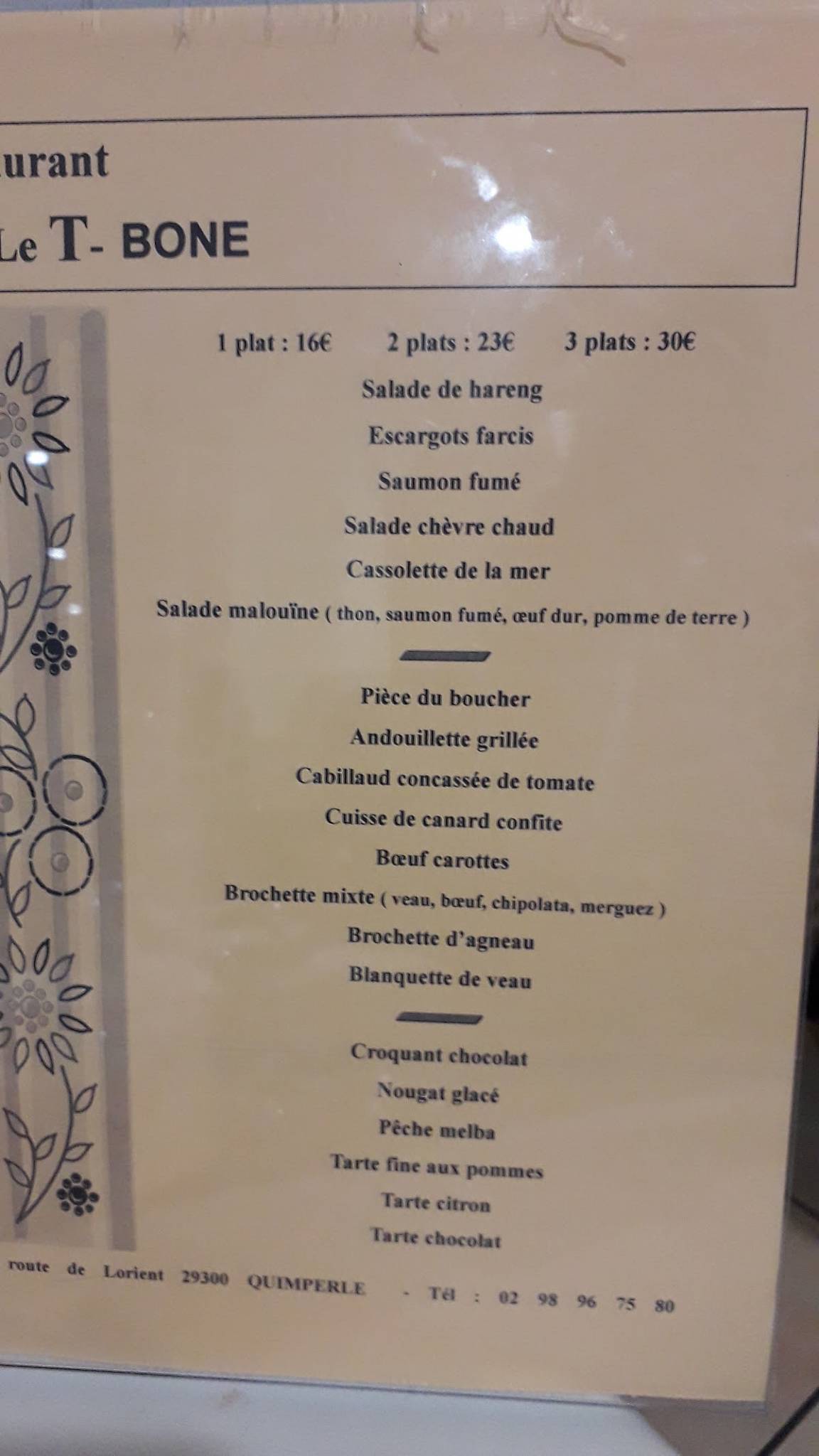 Menu au T'BONE restaurant, Quimperlé